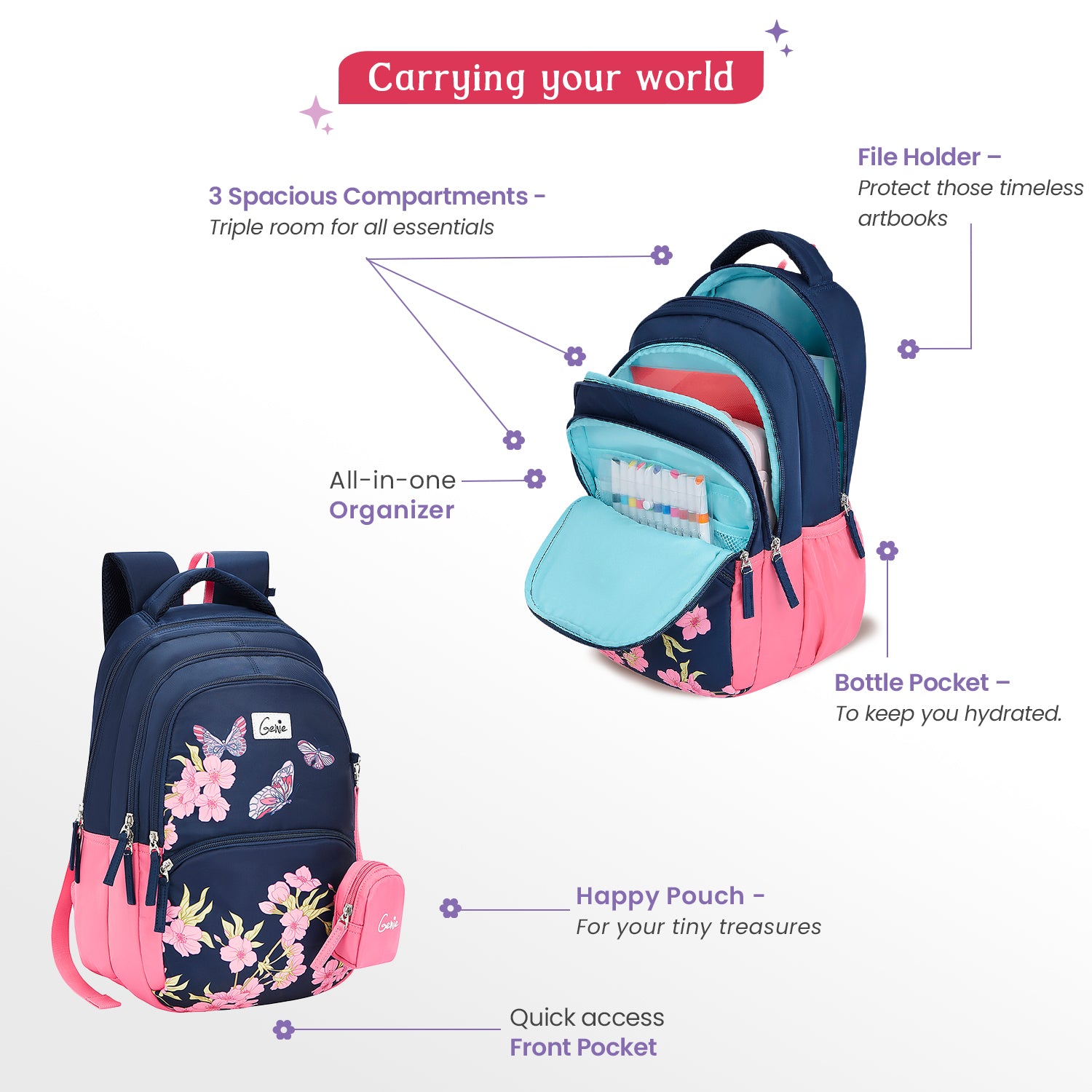 Buy Genie Lilac 27L Navy Blue School Backpack Online