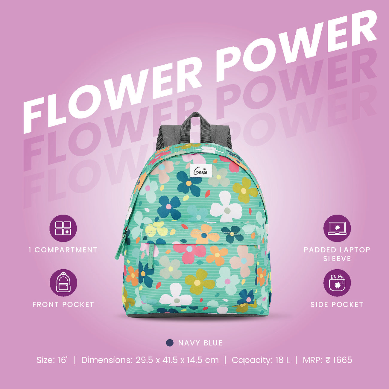 Buy Genie Flower Power 18L Green Casual Backpack Online